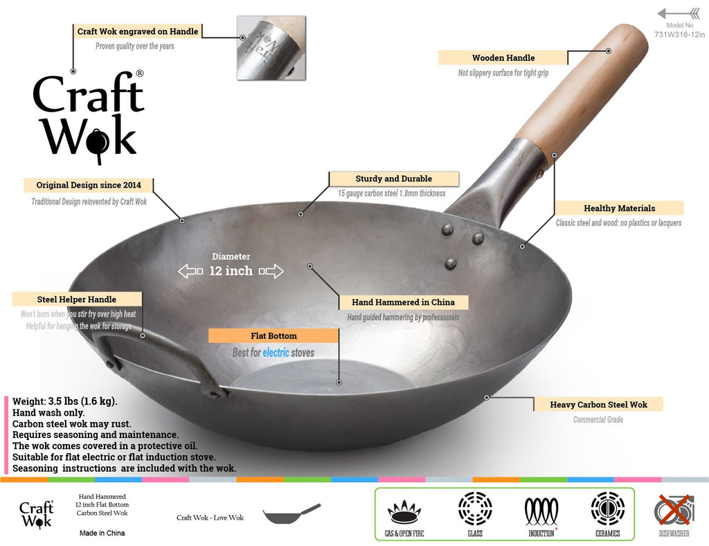 12 inch Flat Hammered Carbon Steel Craft Wok with Wooden and Steel Hel